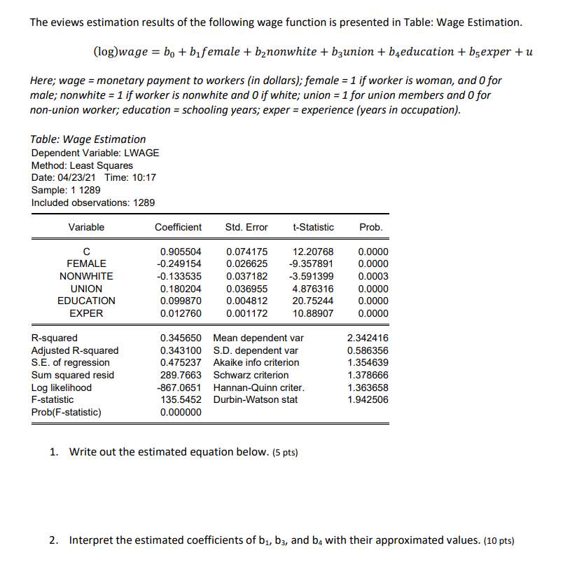 Solved The eviews estimation results of the following wage | Chegg.com