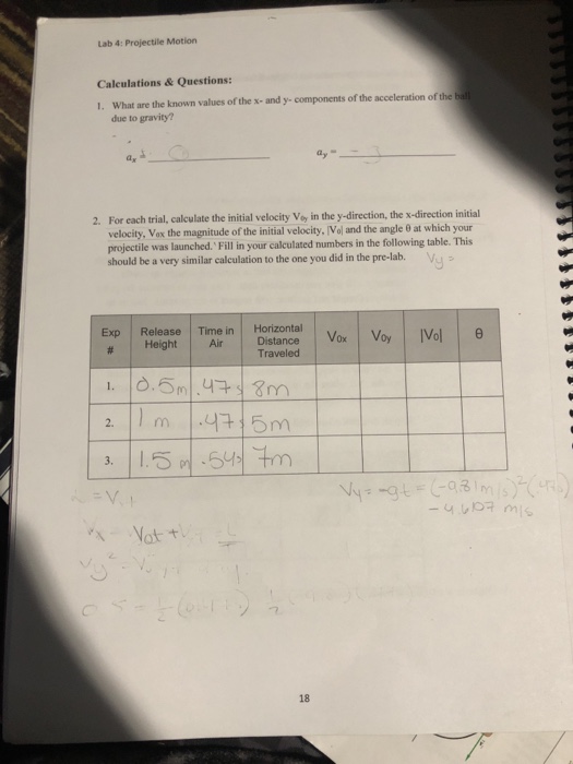 Solved Lab 4: Projectile Motion Caleulations& Questions: 1. | Chegg.com
