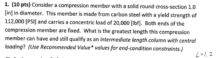 Solved 1. ( 10 ﻿pts) ﻿Consider a compression member with a | Chegg.com