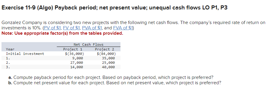 Solved Exercise 11-9 (Algo) Payback period; net present | Chegg.com