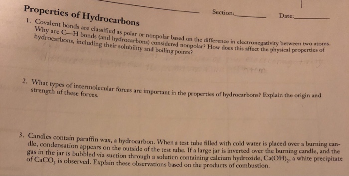 Solved Section: Date: Properties of Hydrocarbons 1. Covalent | Chegg.com