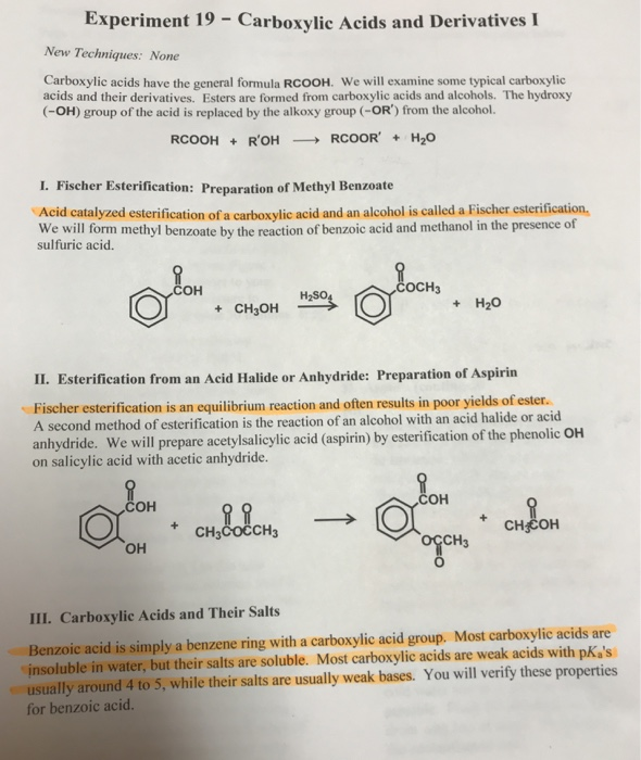 Solved Experiment 19 - Carboxylic Acids and Derivatives I | Chegg.com