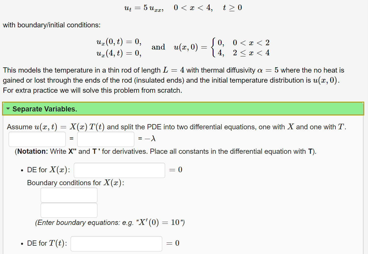 Solved Ut = 5 Uxx, 0