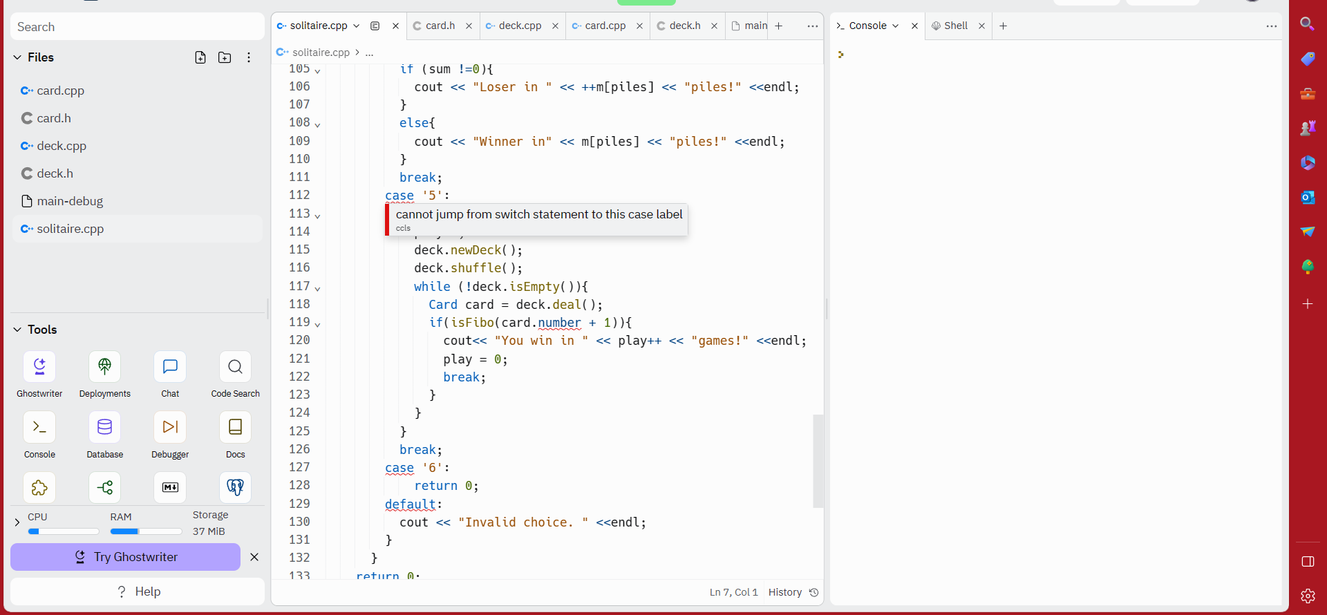 Solved C+ deck.cpp > ... 54 int j=i+(rand() \% (52−1)); Card | Chegg.com