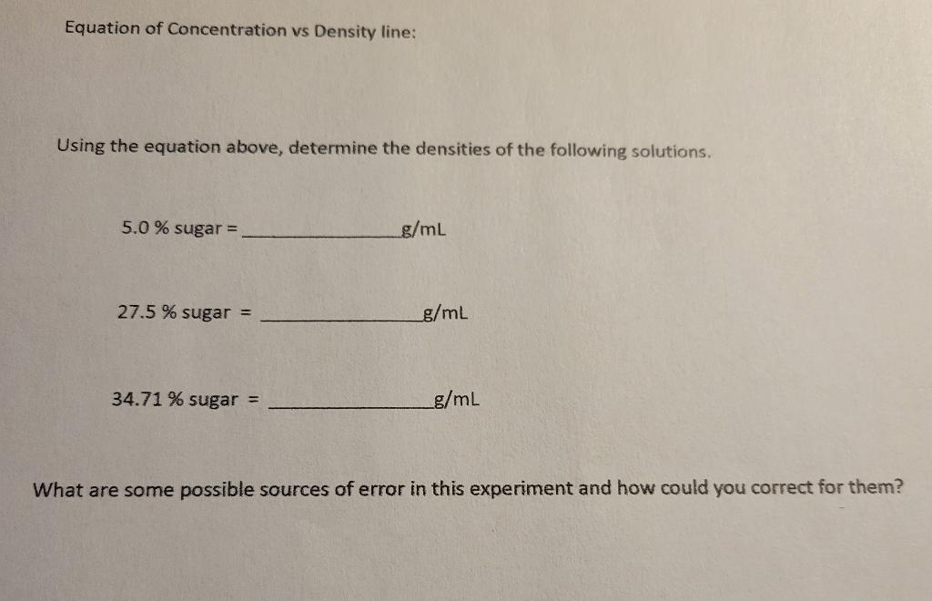 Solved Equation of Concentration vs Density line: Using the | Chegg.com
