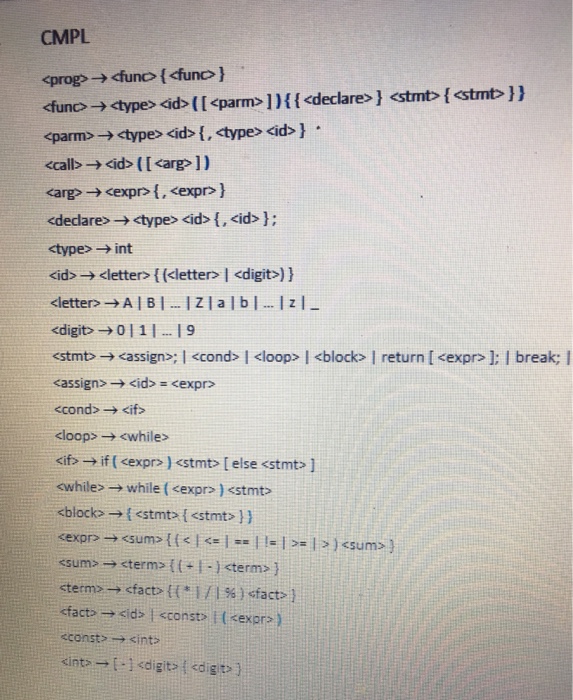 Solved Modify the CMPL BNF grammar to include the following: | Chegg.com