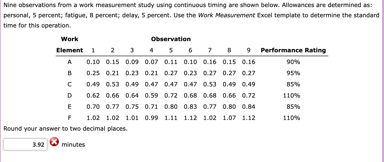 Solved Nine observations from a work measurement study using | Chegg.com