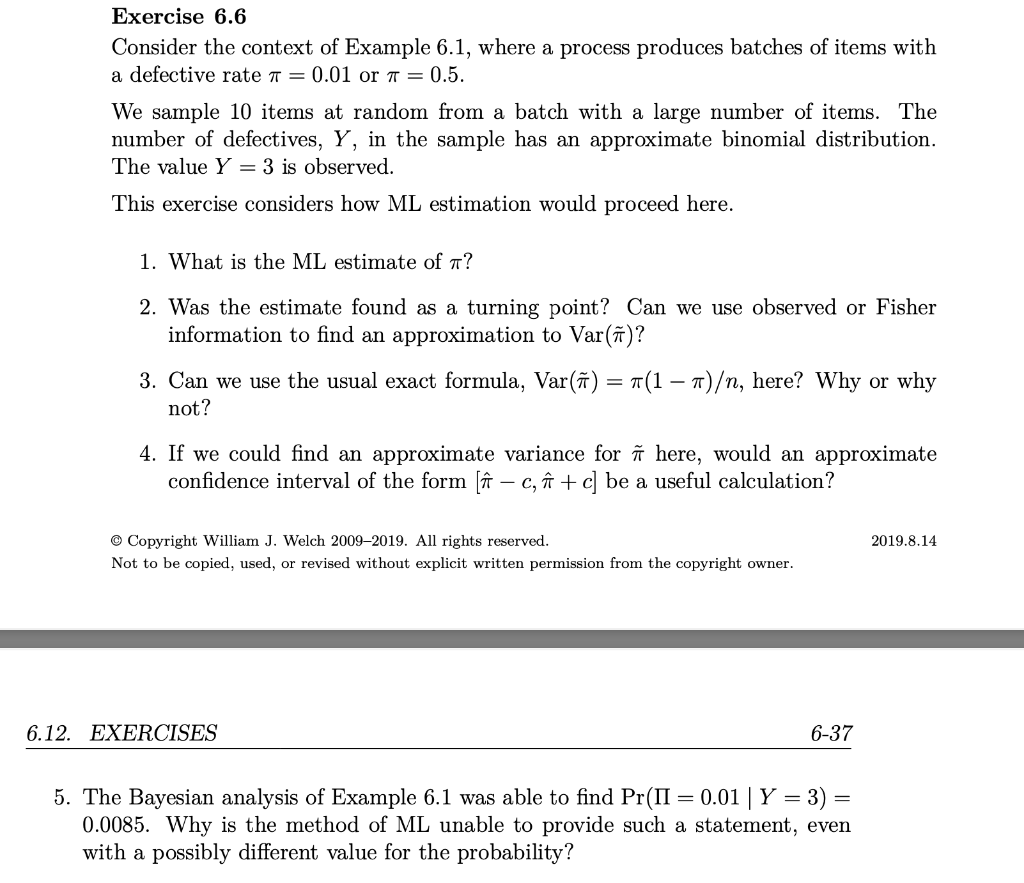 Solved Example 6.1 (Quality control: Bayesian estimation of | Chegg.com