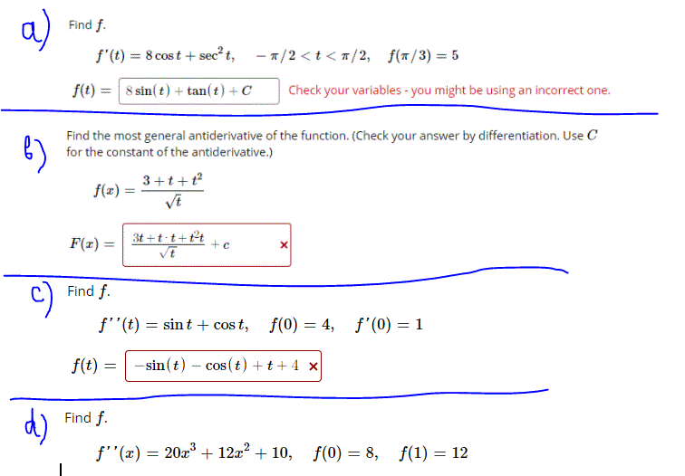 Solved a) Find f. f'(t) = 8 cost + sect, -*/2 | Chegg.com