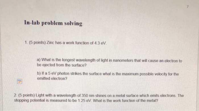 Solved In-lab problem solving 1. (5 points) Zinc has a work | Chegg.com