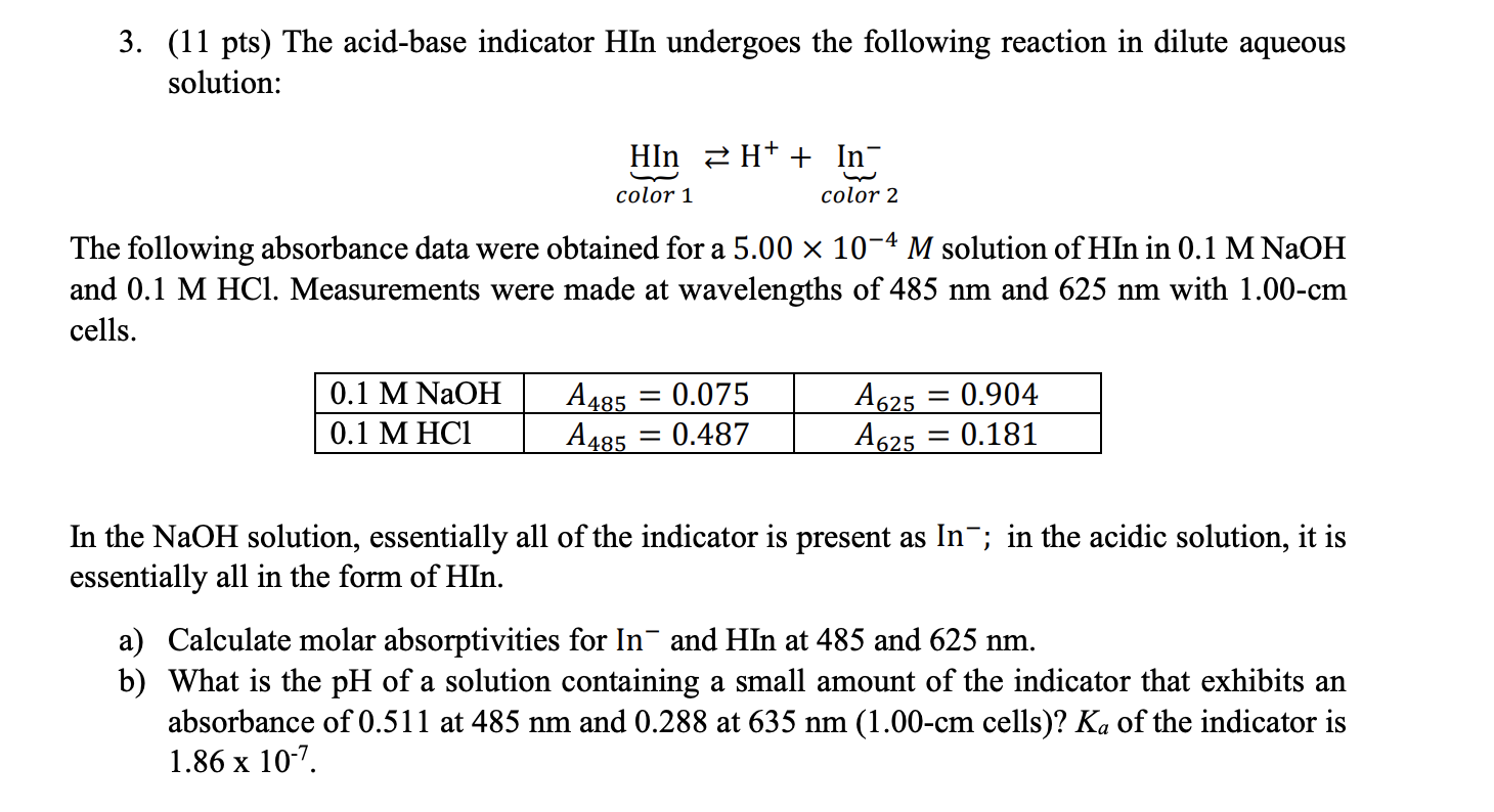 3. (11 pts) The acid-base indicator Hin undergoes the | Chegg.com
