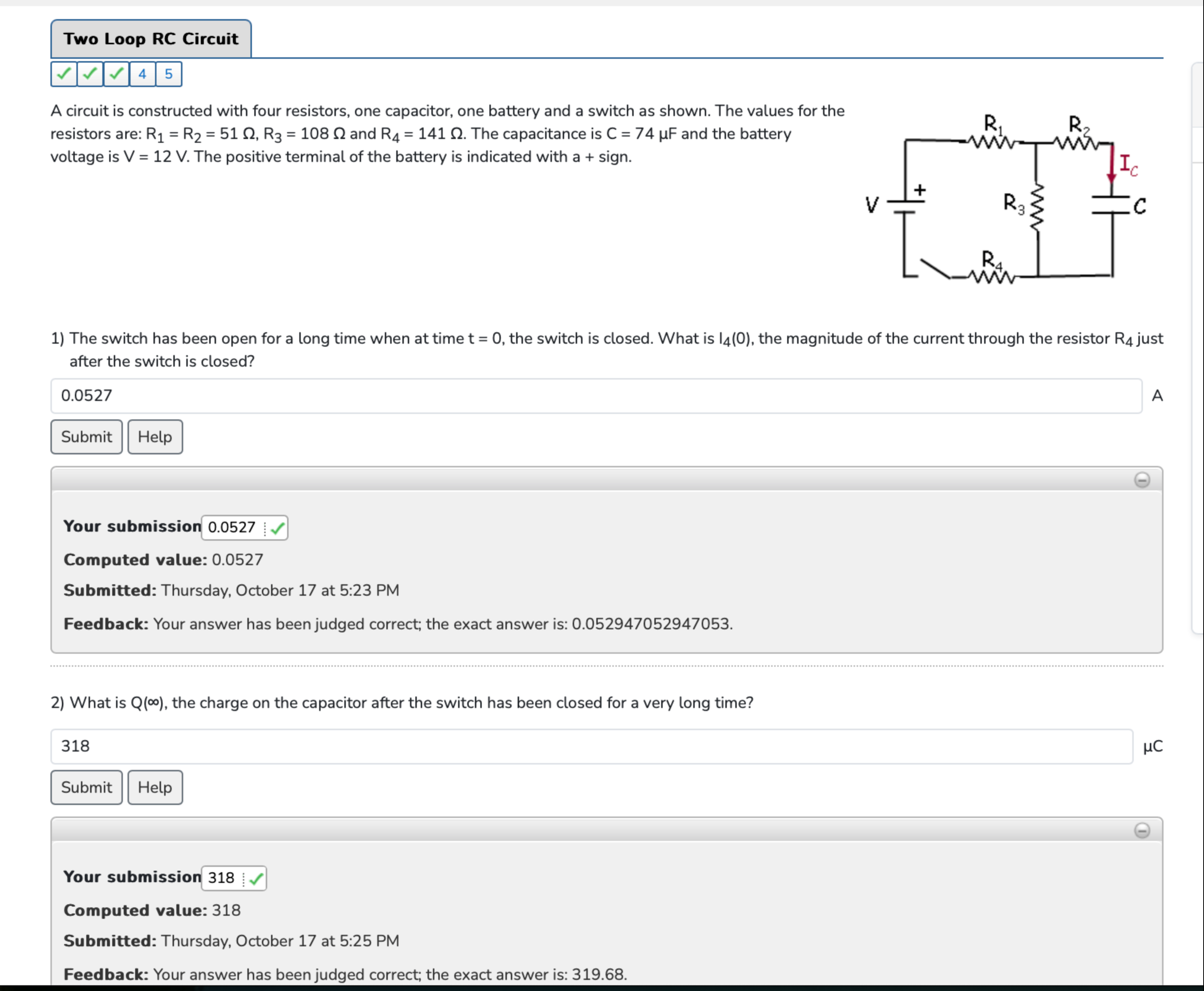Solved Two Loop RC ﻿CircuitA circuit is ﻿constructed with | Chegg.com