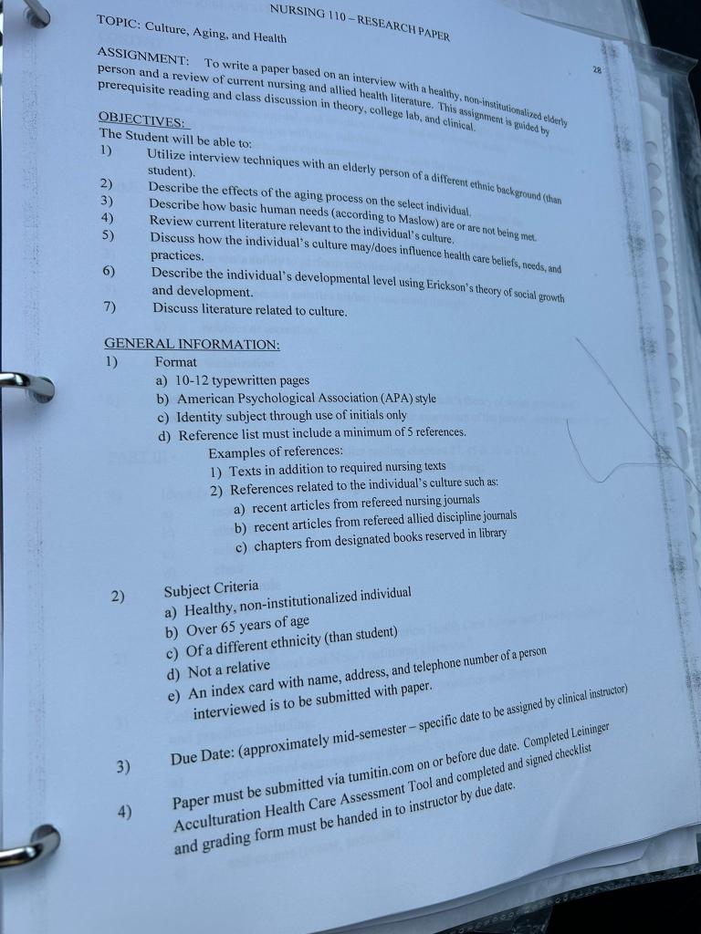 NURSING 110 -RESEARCH PAPER TOPIC: Culture, Aging, | Chegg.com