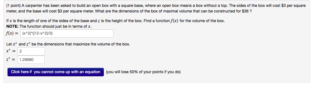 Solved (1 point) A carpenter has been asked to build an open | Chegg.com