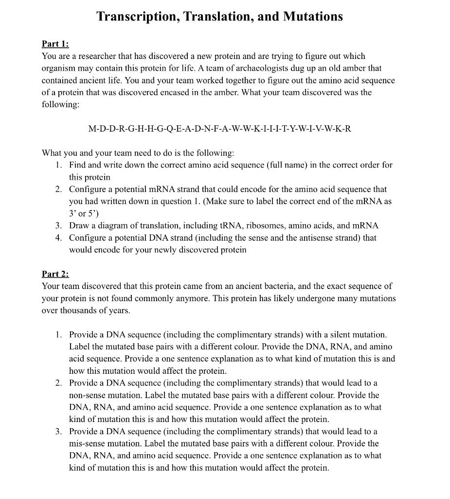 Solved Transcription, Translation, and Mutations Part 1: You | Chegg.com