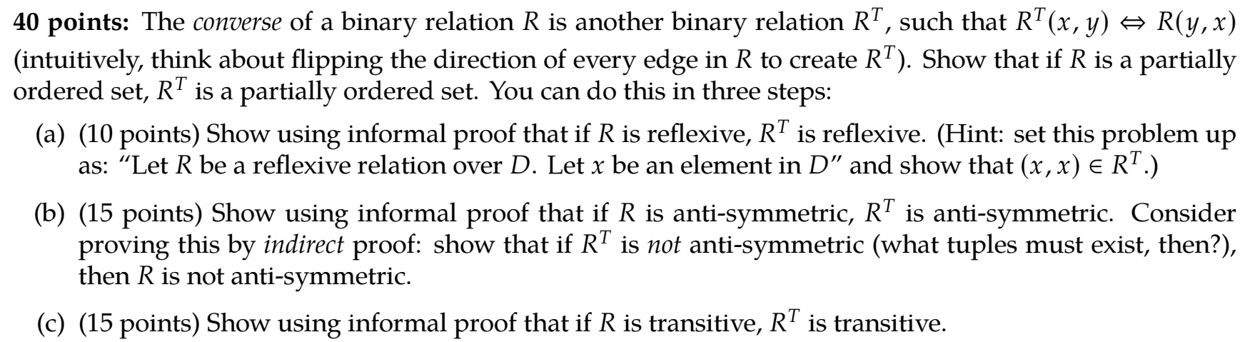 Solved a 40 points: The converse of a binary relation R is | Chegg.com