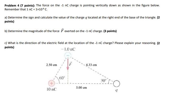 Solved Problem 4 (7 points): The force on the −1nC charge is | Chegg.com