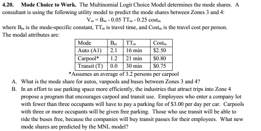 Solved 4.20. Mode Choice to Work. The Multinomial Logit | Chegg.com