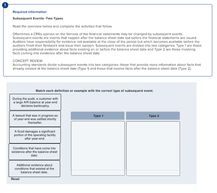 Solved Required information Subsequent Events-Two Types Read | Chegg.com