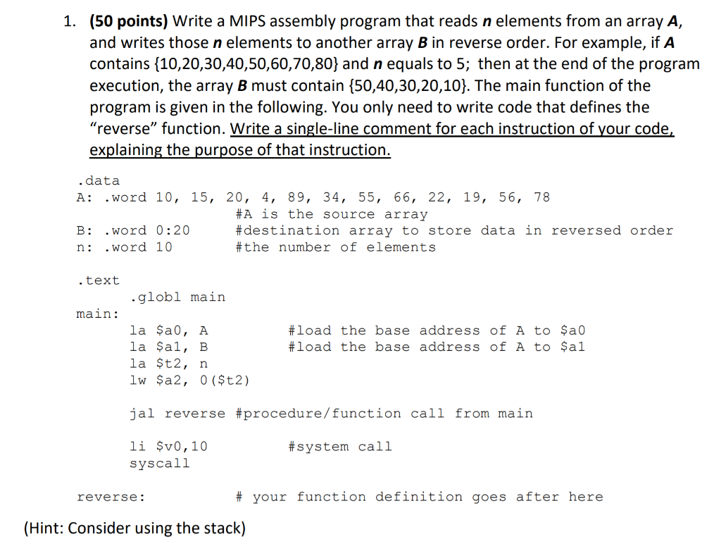 Solved 1. (50 points) Write a MIPS assembly program that | Chegg.com
