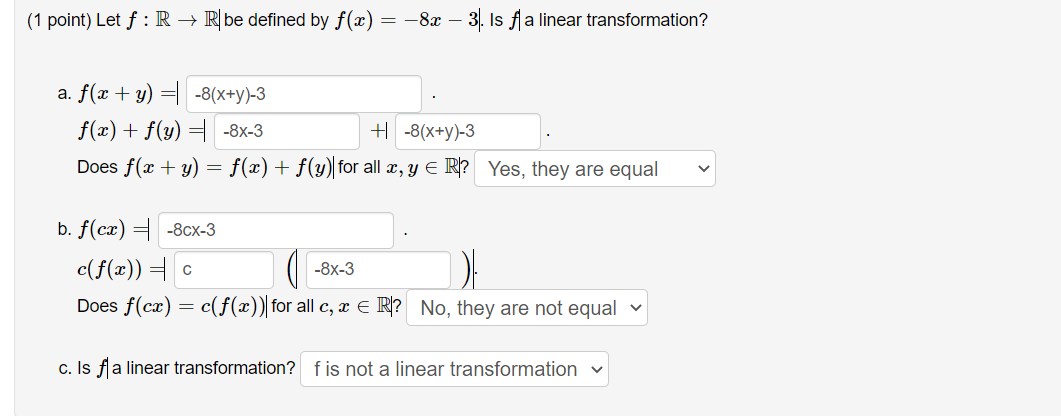 Solved (1 point) Let f:R→R∣ be defined by f(x)=−8x−3∣. Is f∣ | Chegg.com