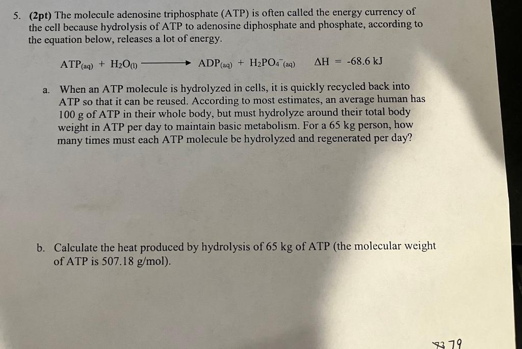 Solved (2pt) The molecule adenosine triphosphate (ATP) is | Chegg.com