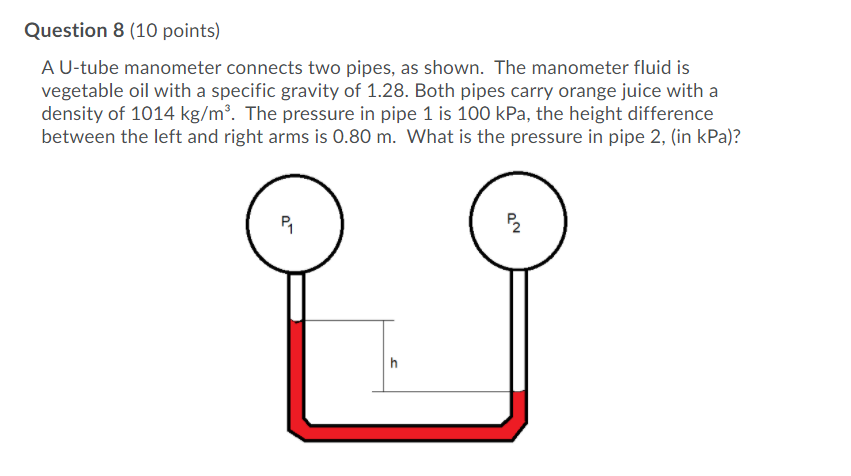 Solved Question 8 (10 points) A U-tube manometer connects | Chegg.com