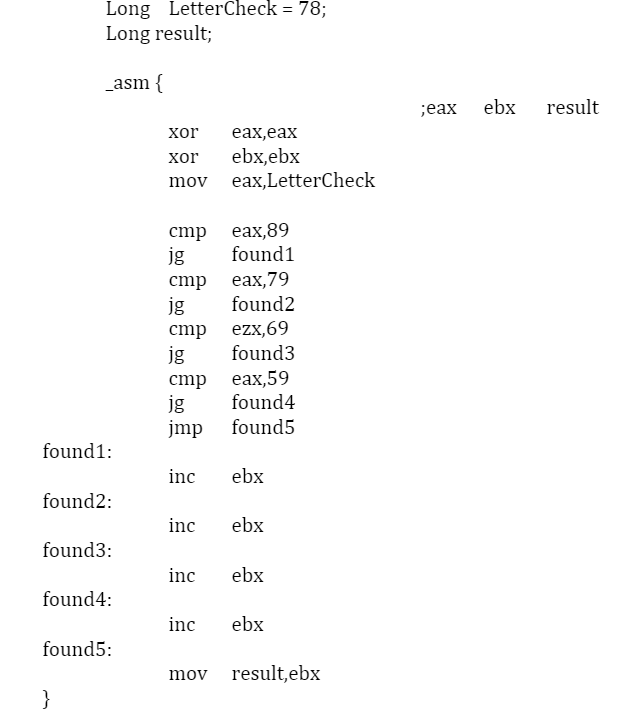 Solved Long LetterCheck = 78; Long result; _asm { jeax ebx | Chegg.com