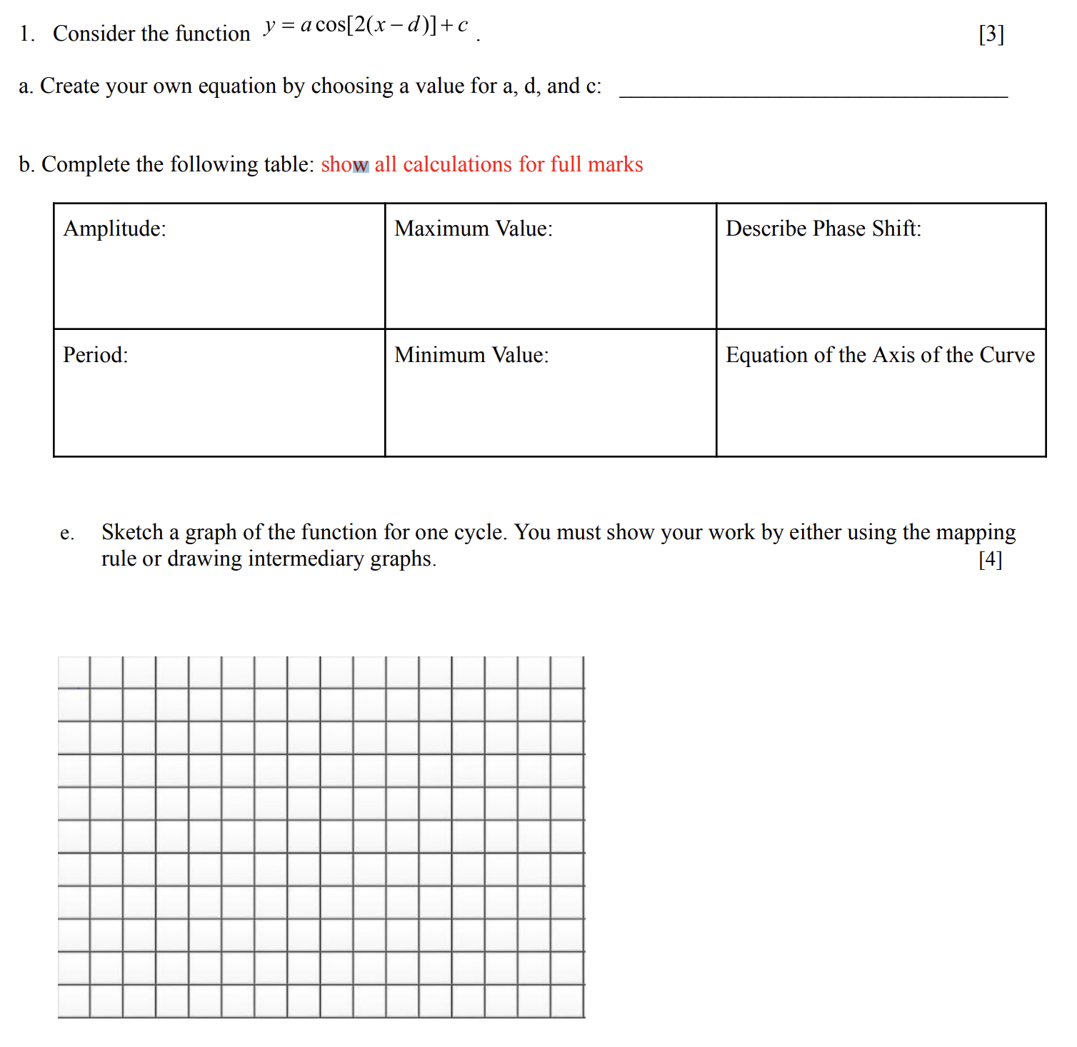 Solved 1. Consider the function \\( y=a \\cos [2(x-d)]+c | Chegg.com