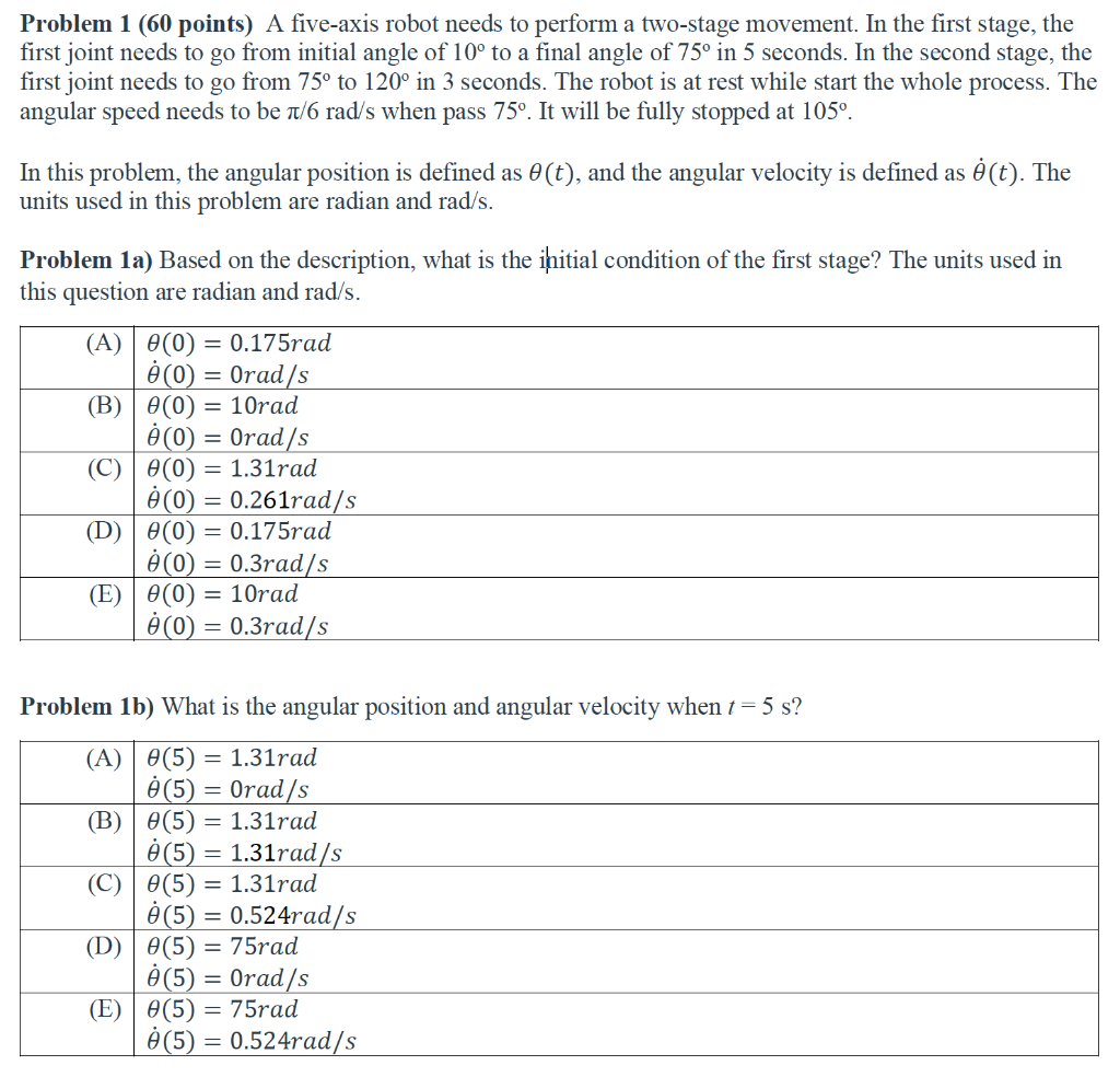 Solved Problem 1 (60 points) A five-axis robot needs to | Chegg.com