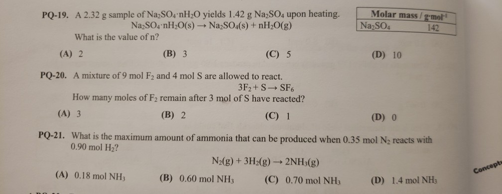 Solved Molar mass / g-mol! Na2SO4 142 PQ-19. A 2.32 g sample | Chegg.com