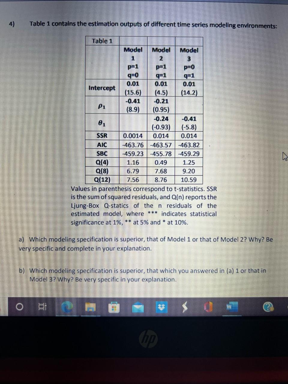 Solved 4) Table 1 contains the estimation outputs of | Chegg.com