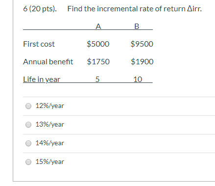 Solved 6 (20 pts). Find the incremental rate of return Airr. | Chegg.com