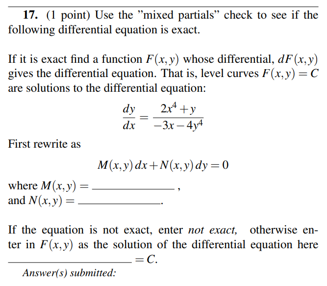 Solved 17. (1 point) Use the "mixed partials" check to see | Chegg.com