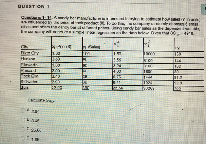 Solved QUESTION 1 Questions 1-14. A candy bar manufacturer | Chegg.com