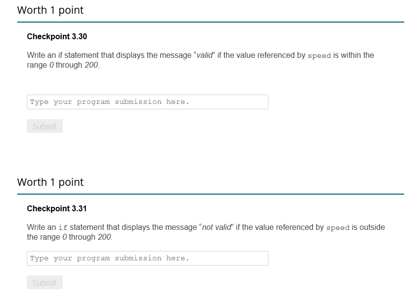 Solved Worth 1 point Checkpoint 3.30 Write an if statement | Chegg.com