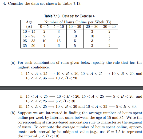 Solved 4. Consider the data set shown in Table 7.13. Table | Chegg.com