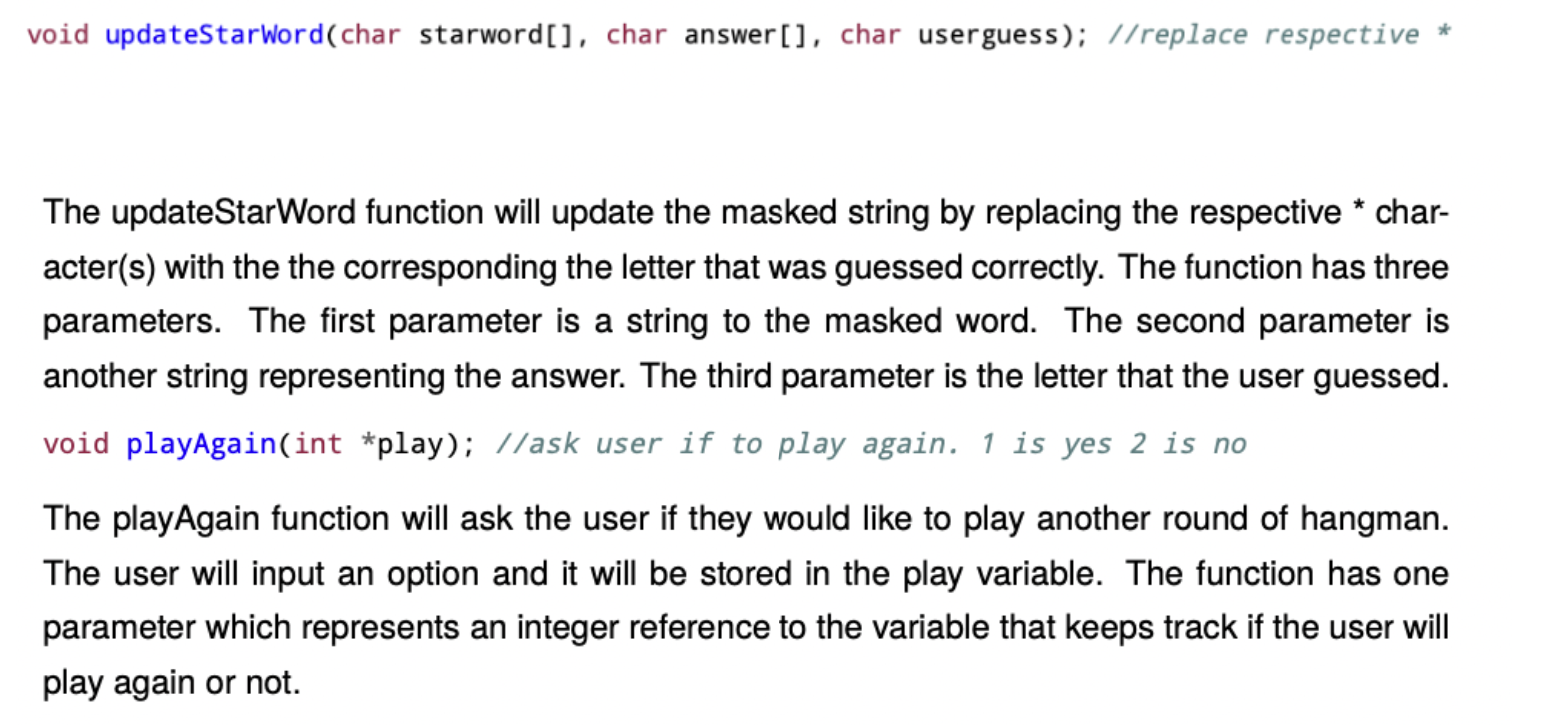 Solved make a hangman game using the following function | Chegg.com