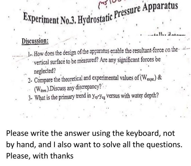 Solved Experiment No.3. Hydrostatic Pressure Apparatus ܚܘܐ | Chegg.com