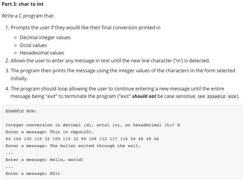 Solved Part 3: char to int o Write a C program that: 1. | Chegg.com