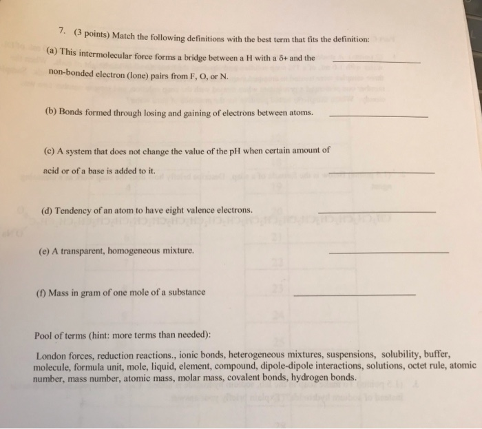 Solved 3 points) Match the following definitions with the | Chegg.com