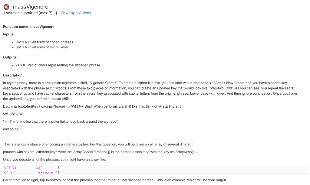 Solved Function name: massVigenere Inputs: (M x N) Cell | Chegg.com