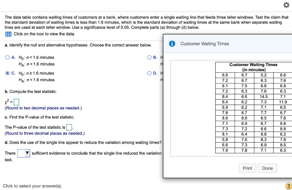 Solved The data table contains waiting times of customers at | Chegg.com