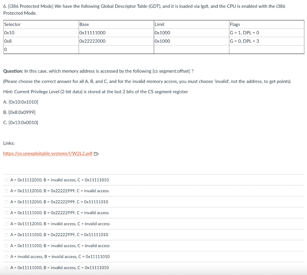 6. [i386 Protected Mode] We have the following Global | Chegg.com