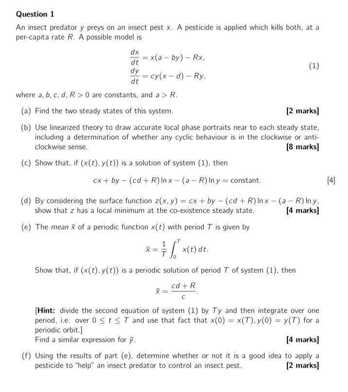 Question 1 An insect predator y preys on an insect | Chegg.com