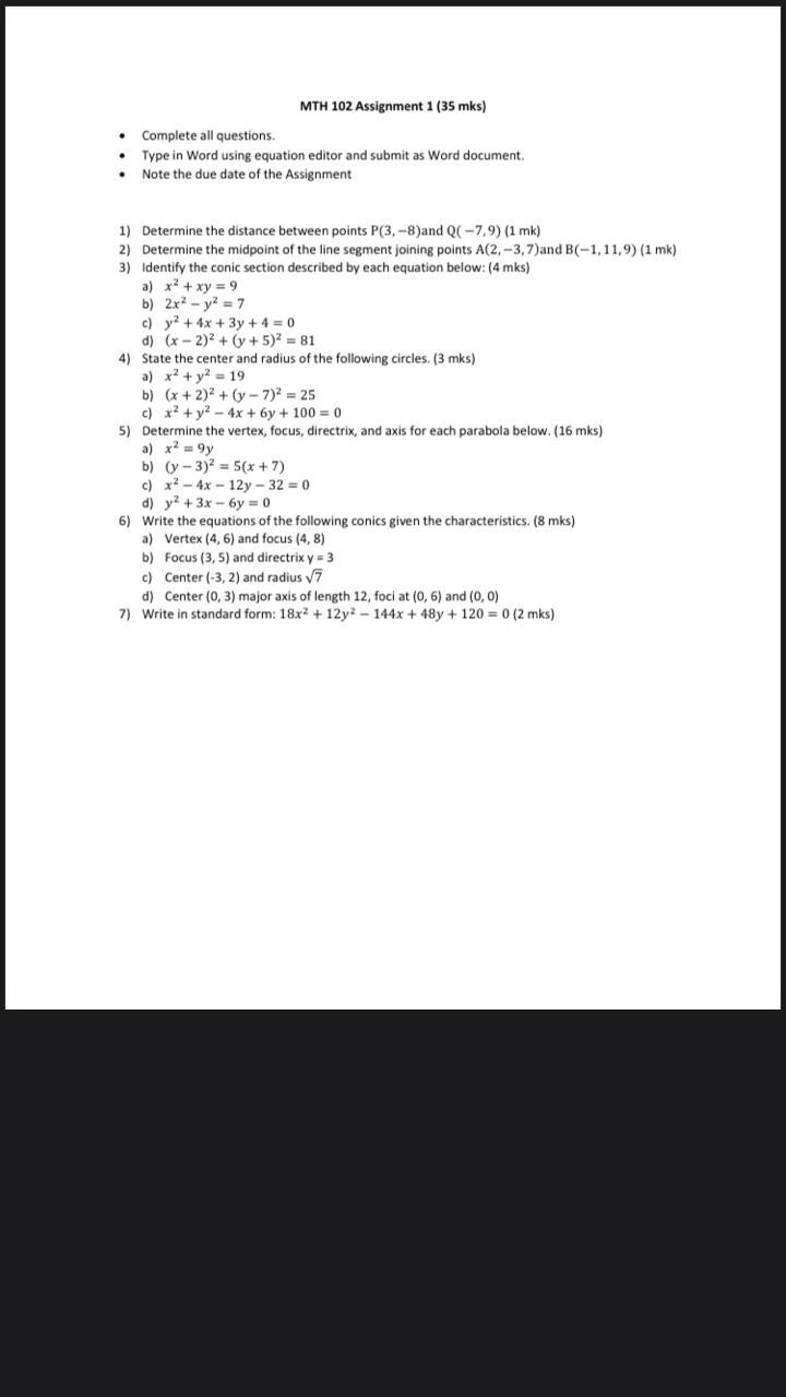 Solved MTH 102 Assignment 1 (35 mks) Complete all questions. | Chegg.com