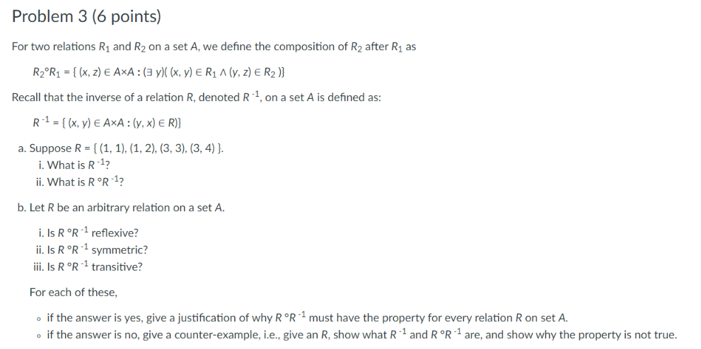 Solved Problem 3 (6 points) For two relations R1 and R2 on a | Chegg.com
