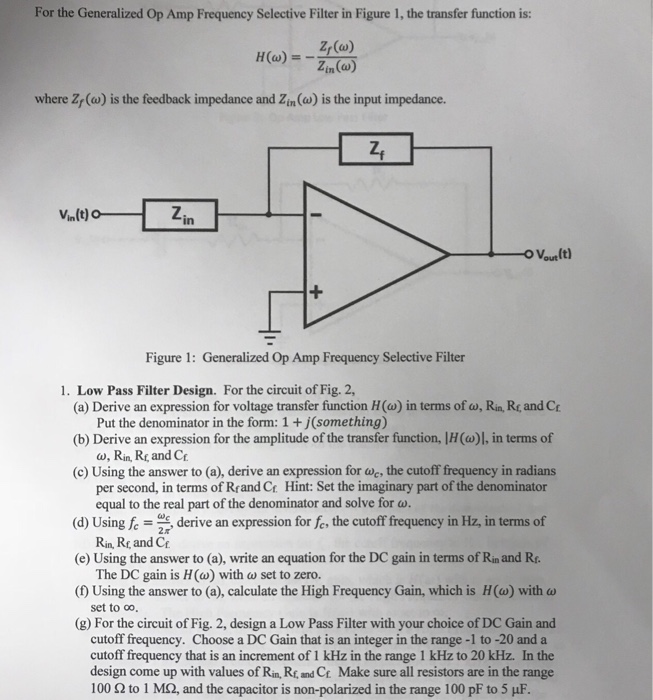 Solved For the Generalized Op Amp Frequency Selective Filter | Chegg.com