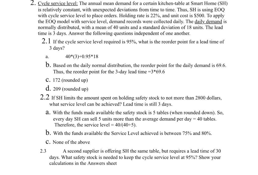 Solved a. 2. Cycle service level: The annual mean demand for | Chegg.com