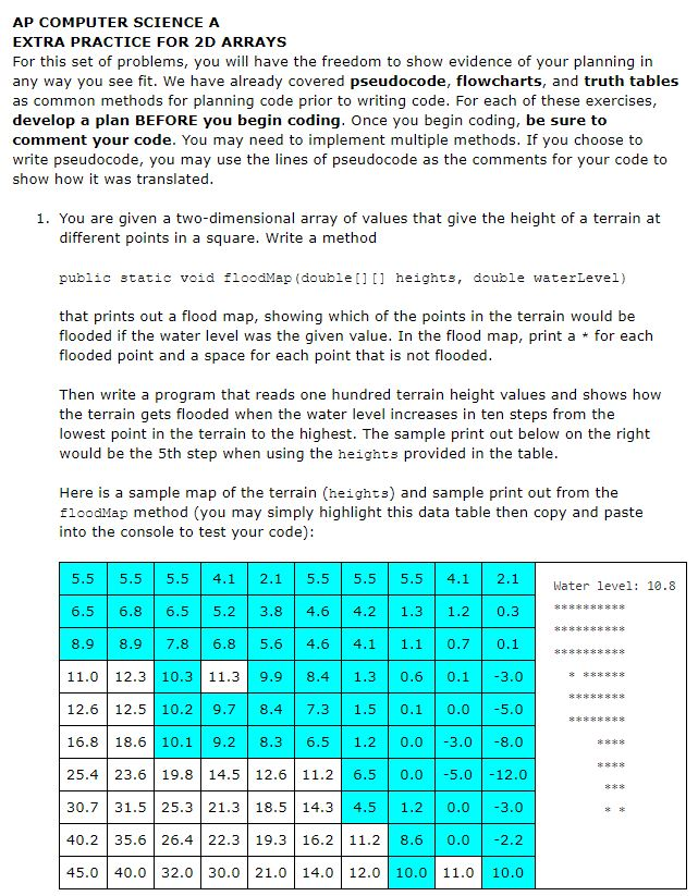 Solved AP COMPUTER SCIENCE A EXTRA PRACTICE FOR 2D ARRAYS | Chegg.com